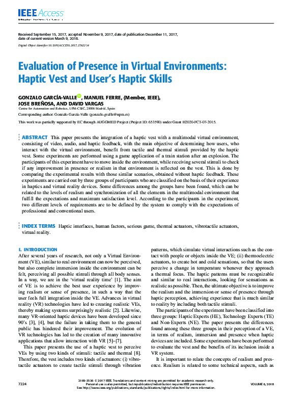 (PDF) Evaluation of Presence in Virtual Environments: Haptic Vest and User’s Haptic Skills ...