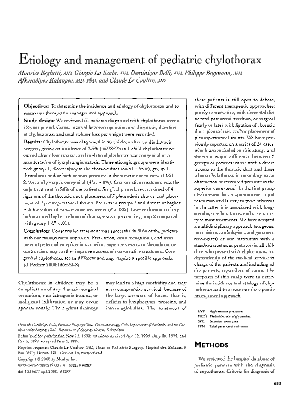 (PDF) Etiology and management of pediatric chylothorax