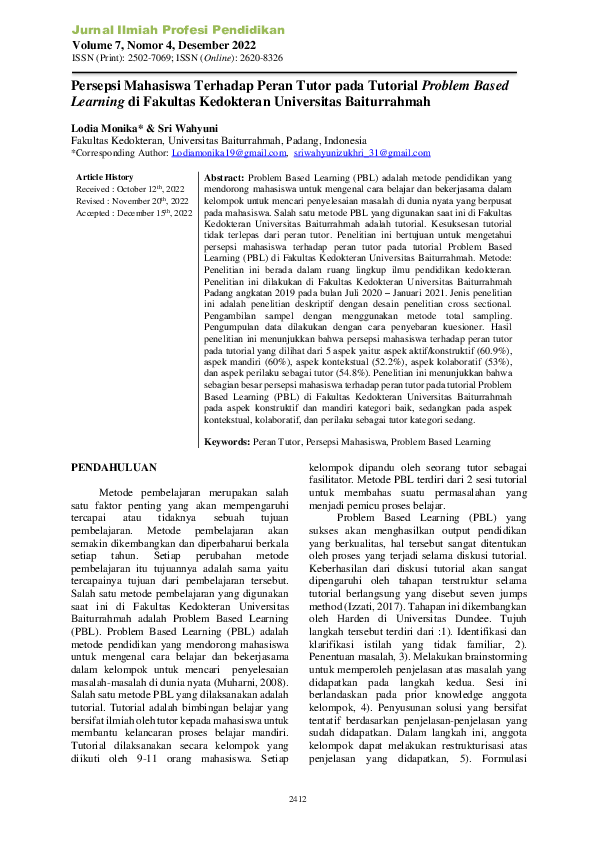 (PDF) Persepsi Mahasiswa Terhadap Peran Tutor pada Tutorial Problem Based Learning di Fakultas ...