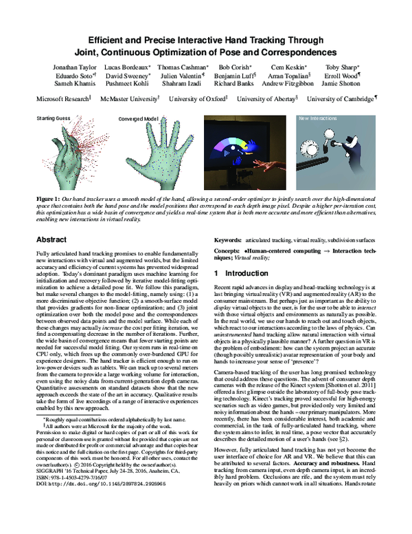 (PDF) Efficient and precise interactive hand tracking through joint, continuous optimization of ...