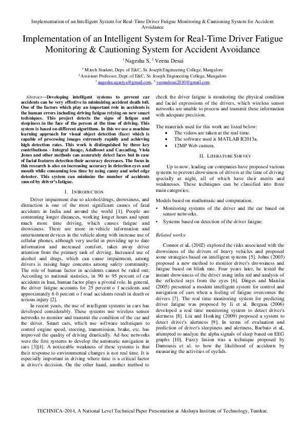(PDF) Implementation of an Intelligent System for Real-Time Driver Fatigue Monitoring ...