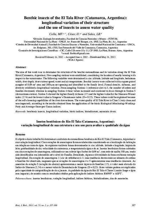 (PDF) Benthic insects of the El Tala River (Catamarca, Argentina ...