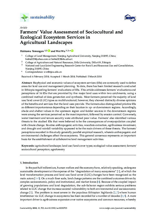 (PDF) Farmers’ Value Assessment of Sociocultural and Ecological Ecosystem Services in ...