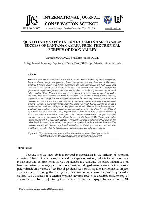 (PDF) Quantitative Vegetation Dynamics and Invasion Success of Lantana Camara from the Tropical ...