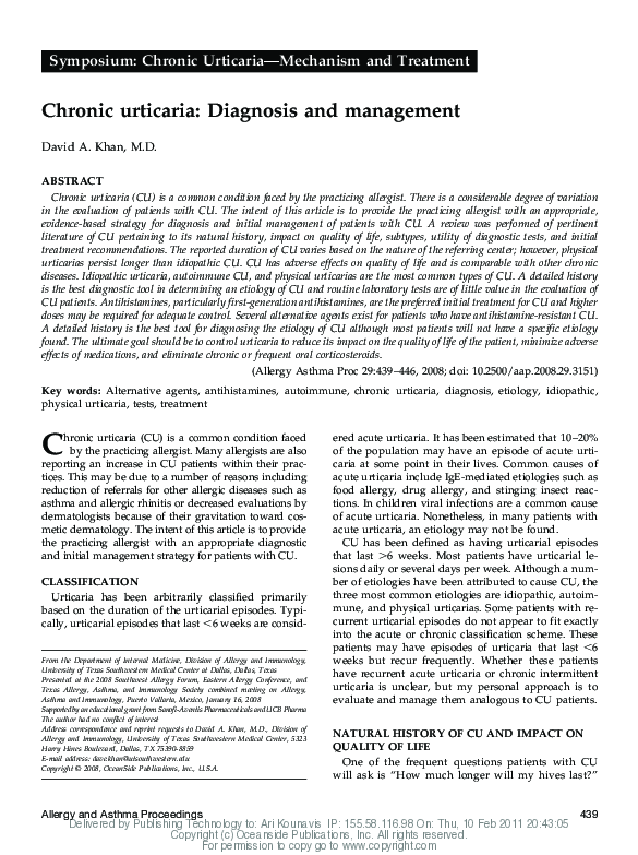 (PDF) Chronic urticaria: Diagnosis and management