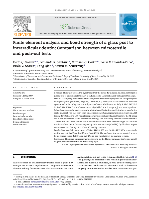 (PDF) Finite element analysis and bond strength of a glass post to intraradicular dentin ...