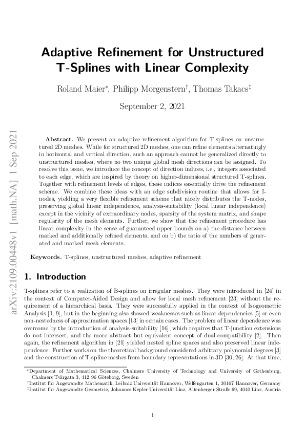 Pdf Adaptive Refinement For Unstructured T Splines With Linear Complexity
