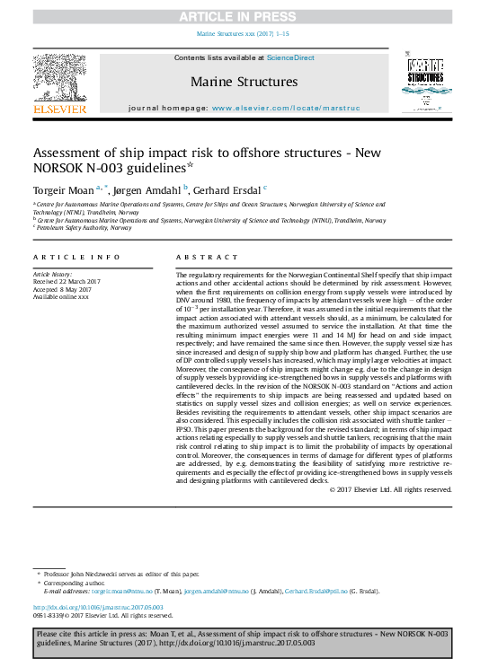 (PDF) Assessment of ship impact risk to offshore structures - New NORSOK N-003 guidelines