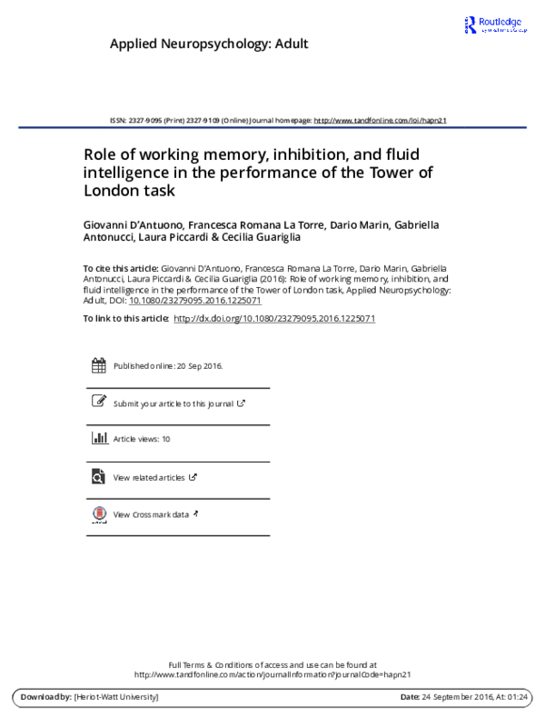 (PDF) Role of working memory, inhibition, and fluid intelligence in the performance of the Tower ...