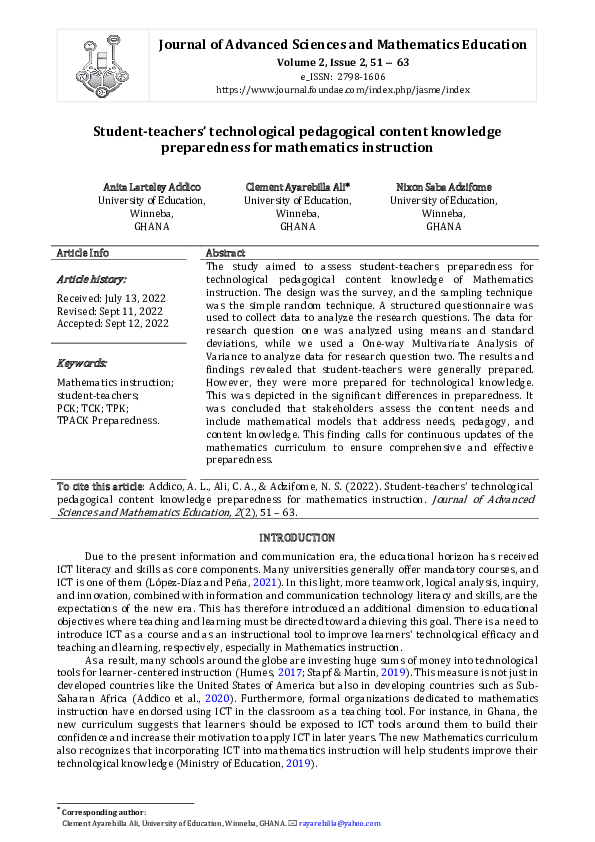 (PDF) Student-teachers’ technological pedagogical content knowledge preparedness for mathematics ...