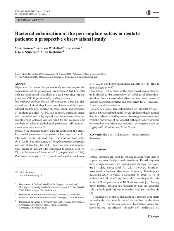 (PDF) Bacterial colonization of the peri-implant sulcus in dentate ...