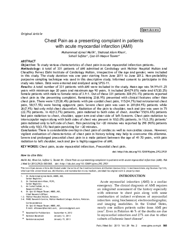 (PDF) Chest Pain as a presenting complaint in patients with acute ...