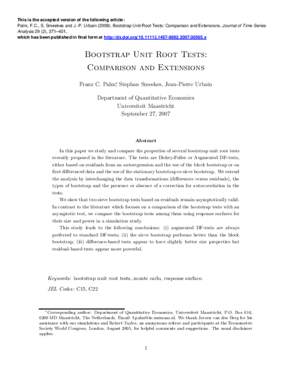 Pdf Bootstrap Unit Root Tests Comparison And Extensions Franz Palm 