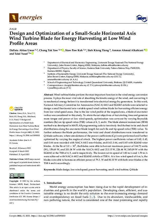 Pdf Design And Optimization Of A Small Scale Horizontal Axis Wind Turbine Blade For Energy