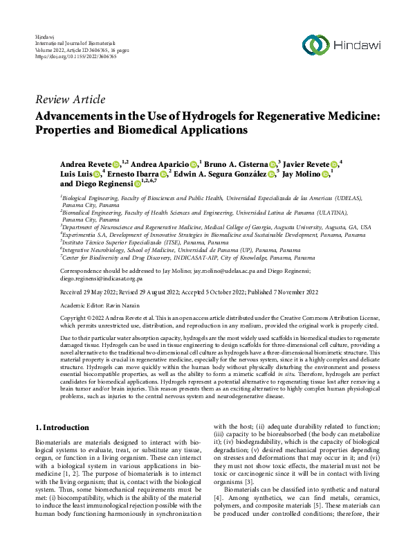 (PDF) Advancements in the Use of Hydrogels for Regenerative Medicine: Properties and Biomedical ...