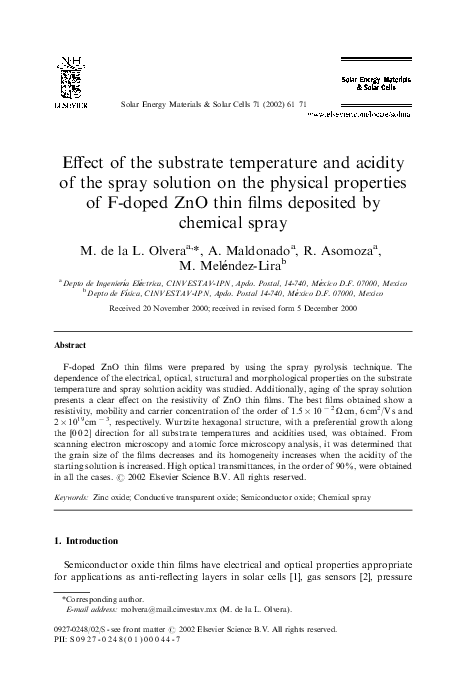 (PDF) Effect of the substrate temperature and acidity of the spray solution on the physical ...