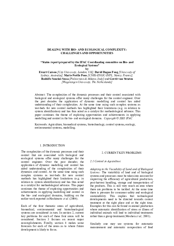 Pdf Dealing With Bio And Ecological Complexity Challenges And 7676