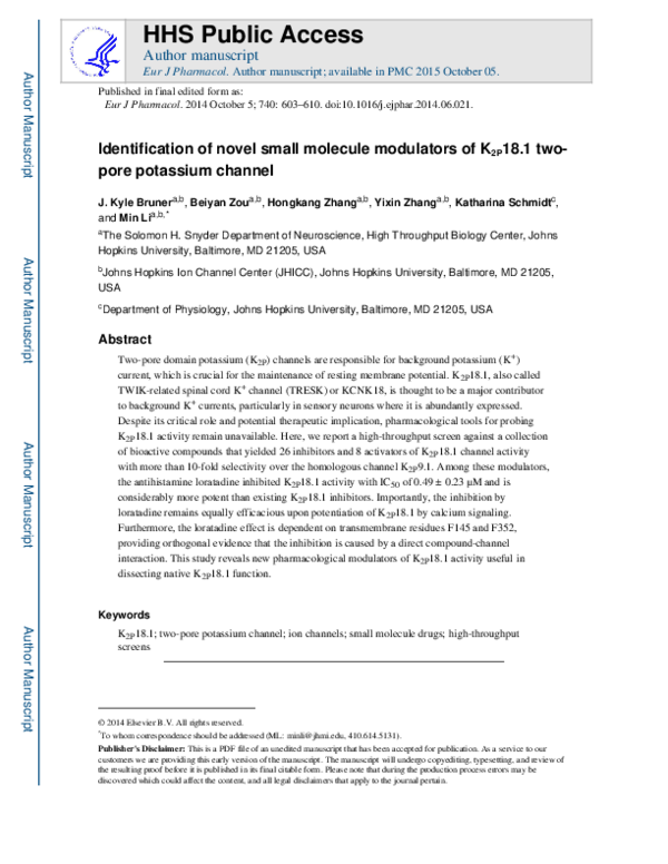 (PDF) Identification of novel small molecule modulators of K2P18.1 two ...