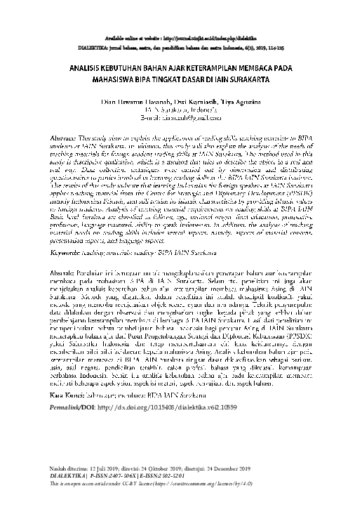 Analisis Kebutuhan Bahan Ajar Keterampilan Membaca Pada Mahasiswa Bipa Tingkat Dasar DI Iain ...