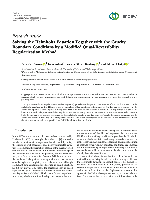 (PDF) Solving the Helmholtz Equation Together with the Cauchy Boundary Conditions by a Modified ...