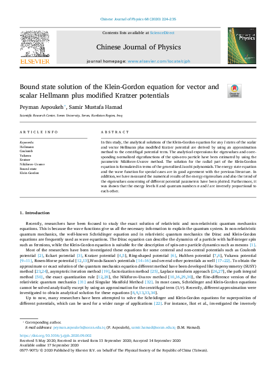 (PDF) Bound state solution of the Klein-Gordon equation for vector and ...