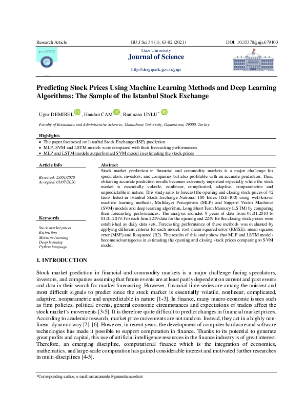 Pdf Predicting Stock Prices Using Machine Learning Methods And Deep Learning Algorithms The 8351