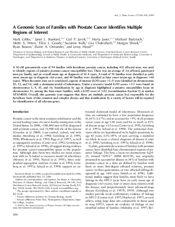 (PDF) A Genomic Scan of Families with Prostate Cancer Identifies Multiple Regions of Interest