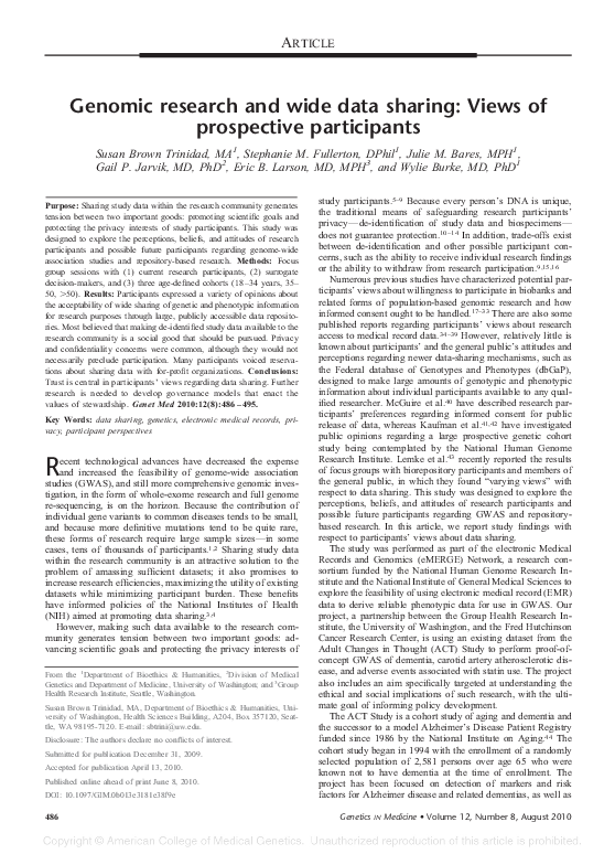 (PDF) Genomic research and wide data sharing: Views of prospective participants