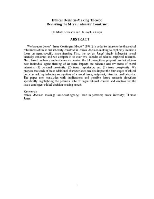 (PDF) Ethical Decision-Making Theory: Revisiting the Moral Intensity ...