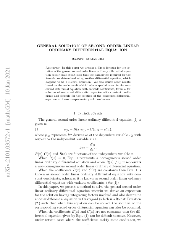 Pdf General Solution Of Second Order Linear Ordinary Differential Equation