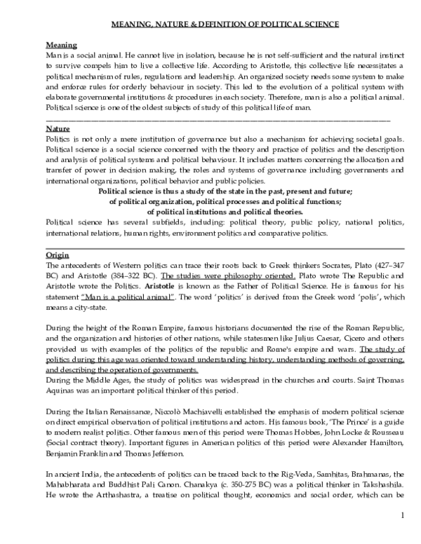 (DOC) MEANING, NATURE & DEFINITION OF POLITICAL SCIENCE