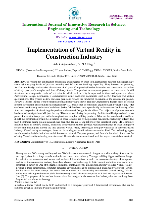 (PDF) Implementation of Virtual Reality in Construction Industry