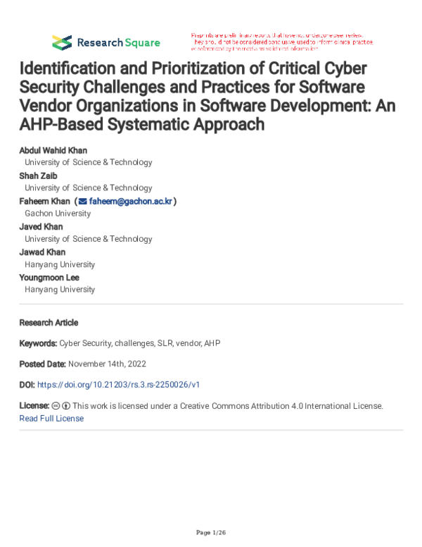 Pdf Identification And Prioritization Of Critical Cyber Security Challenges And Practices For