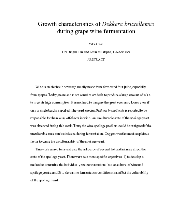 Growth characteristics of Dekkera bruxellensis during grape wine ...