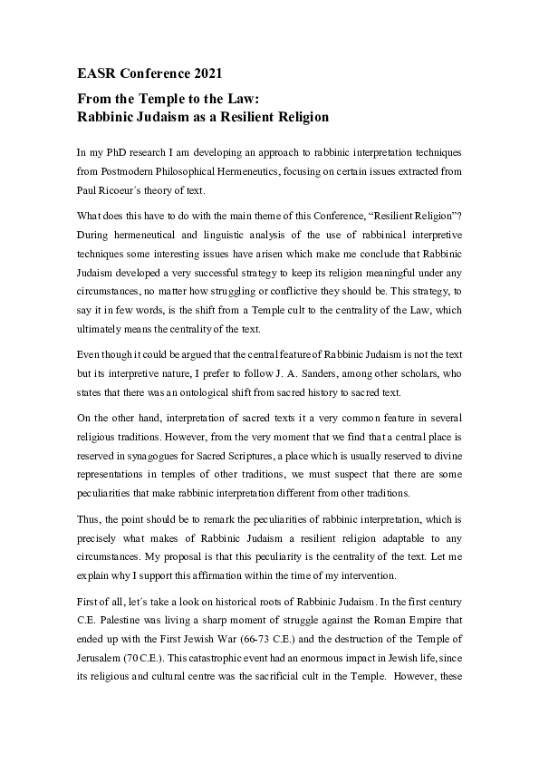(PDF) From the Temple to the Law: Rabbinic Judaism as a Resilient Religion