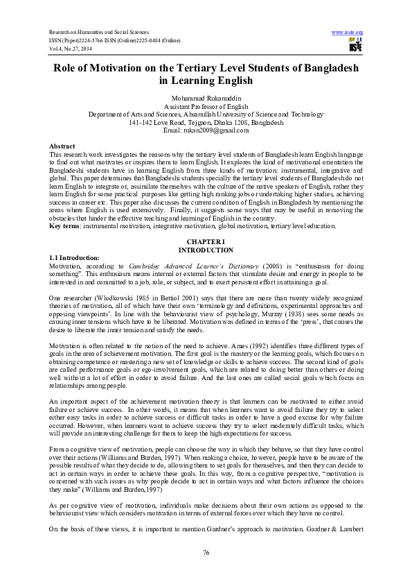 (PDF) Role of Motivation on the Tertiary Level Students of Bangladesh in Learning English