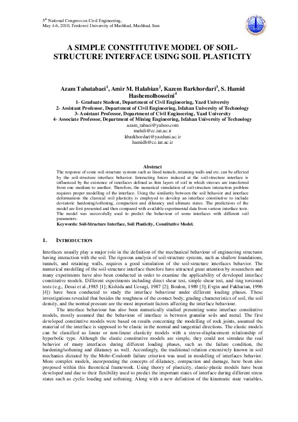 (PDF) A Simple Constitutive Model of Soil-Structure Interface Using Soil Plasticity