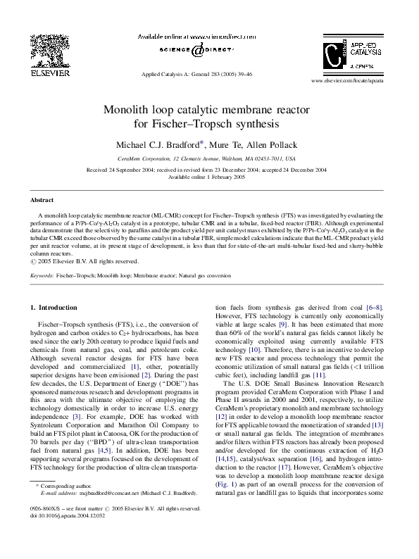 (PDF) Monolith loop catalytic membrane reactor for Fischer–Tropsch ...
