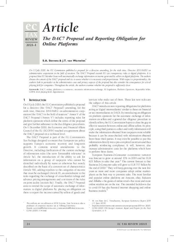 (PDF) The DAC7 Proposal and Reporting Obligation for Online Platforms | Stan Stevens - Academia.edu