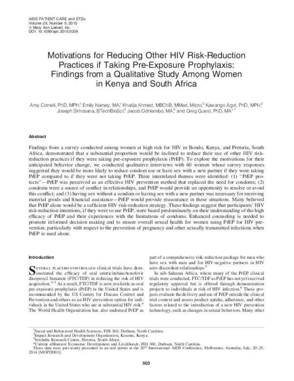 Pdf Motivations For Reducing Other Hiv Risk Reduction Practices If Taking Pre Exposure
