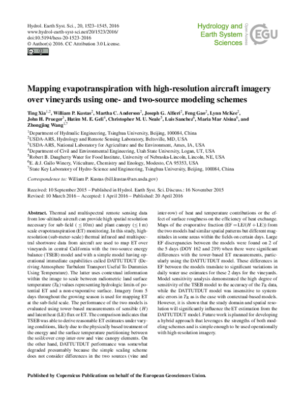 (PDF) Mapping evapotranspiration with high-resolution aircraft imagery over vineyards using one ...