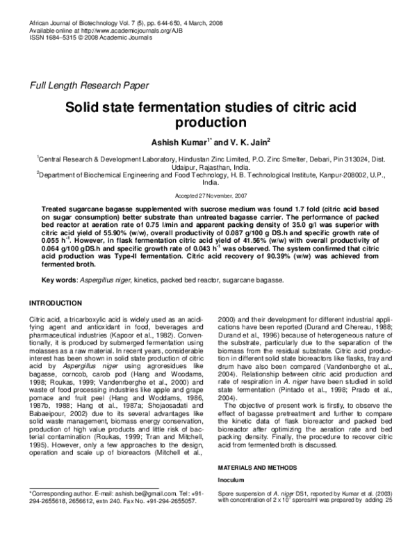 (PDF) Solid state fermentation studies of citric acid production