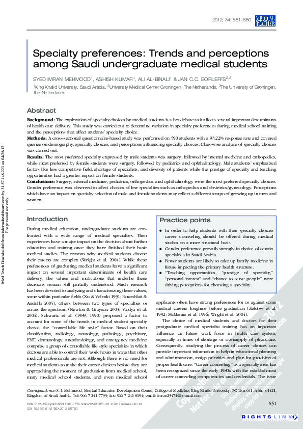 (PDF) Specialty preferences: Trends and perceptions among Saudi undergraduate medical students