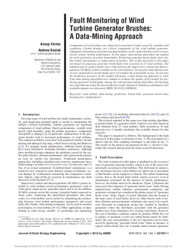 (PDF) Fault Monitoring of Wind Turbine Generator Brushes: A Data-Mining Approach