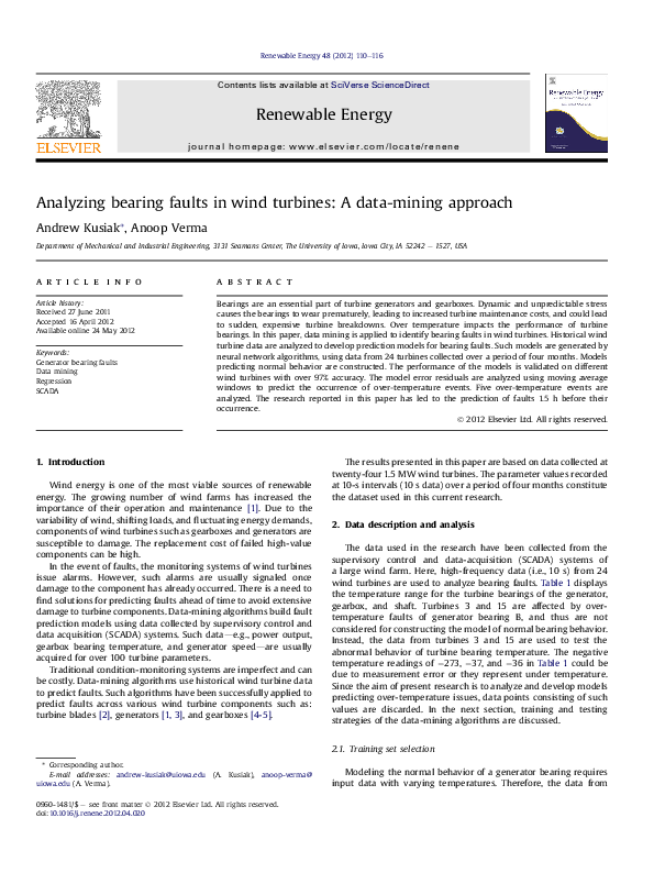 (PDF) Analyzing bearing faults in wind turbines: A data-mining approach