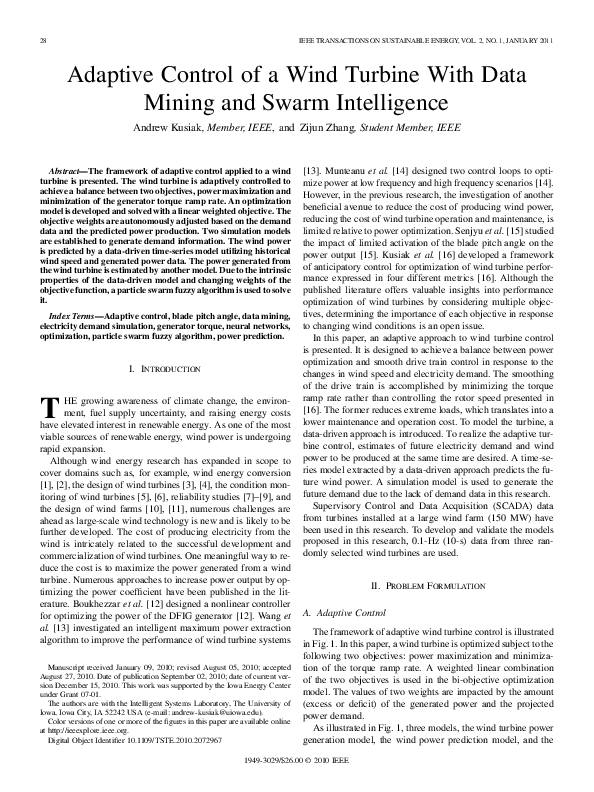 (PDF) Adaptive Control of a Wind Turbine With Data Mining and Swarm Intelligence | Andrew Kusiak ...