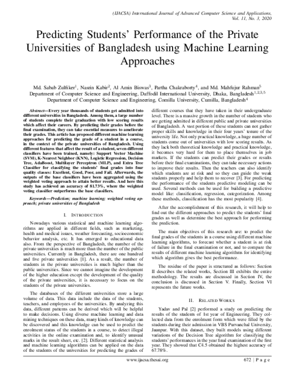 (PDF) Predicting Students’ Performance of the Private Universities of Bangladesh using Machine ...