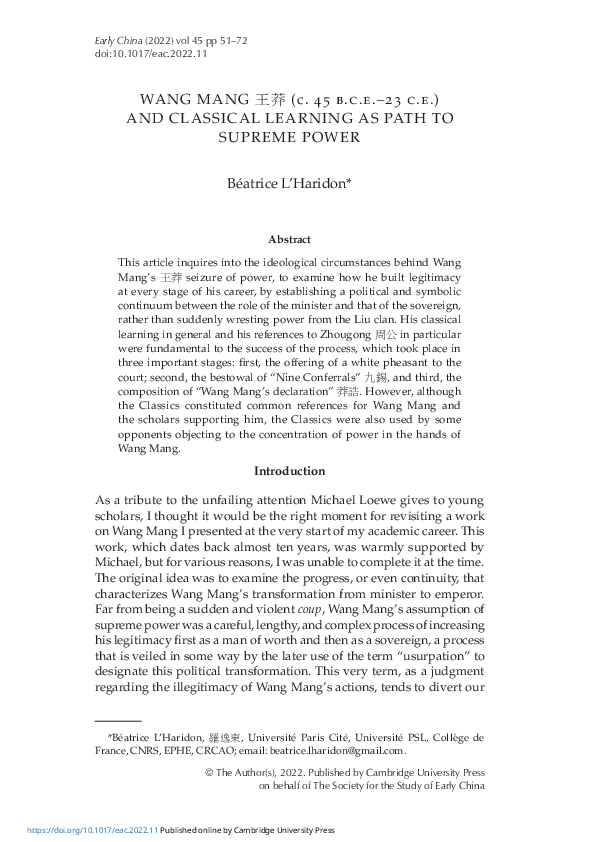 (PDF) WANG MANG 王莽 (C. 45 B.C.E.–23 C.E.) AND CLASSICAL LEARNING AS ...