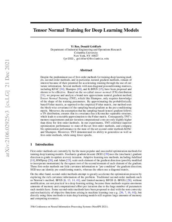 (PDF) Tensor Normal Training for Deep Learning Models