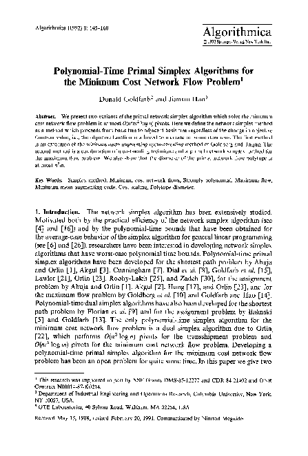 Pdf Polynomial Time Primal Simplex Algorithms For The Minimum Cost Network Flow Problem